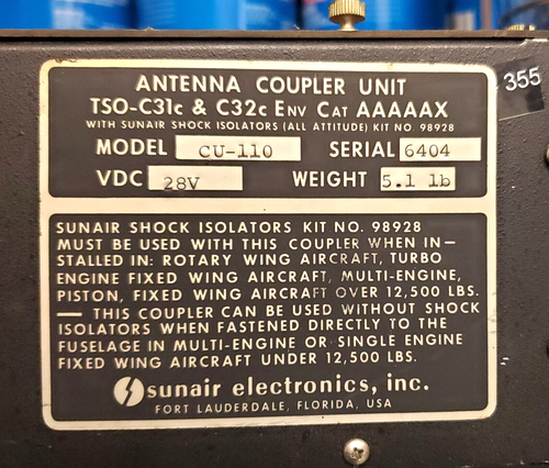 Sunair Electronics CU-110 Antenna Coupler s/n 6404 (AR) | eBay