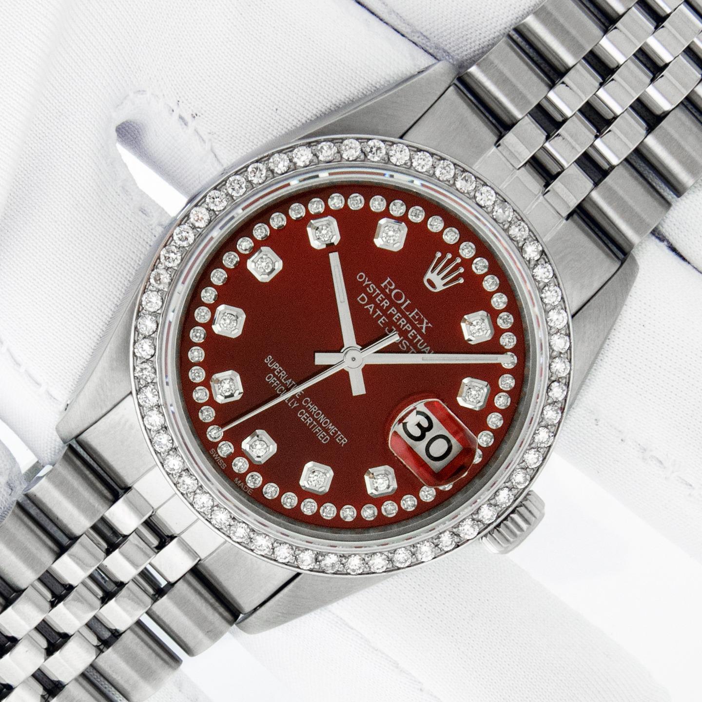 Rolex Watch Mens Datejust Stainless Steel with Red Diamond Dial ...