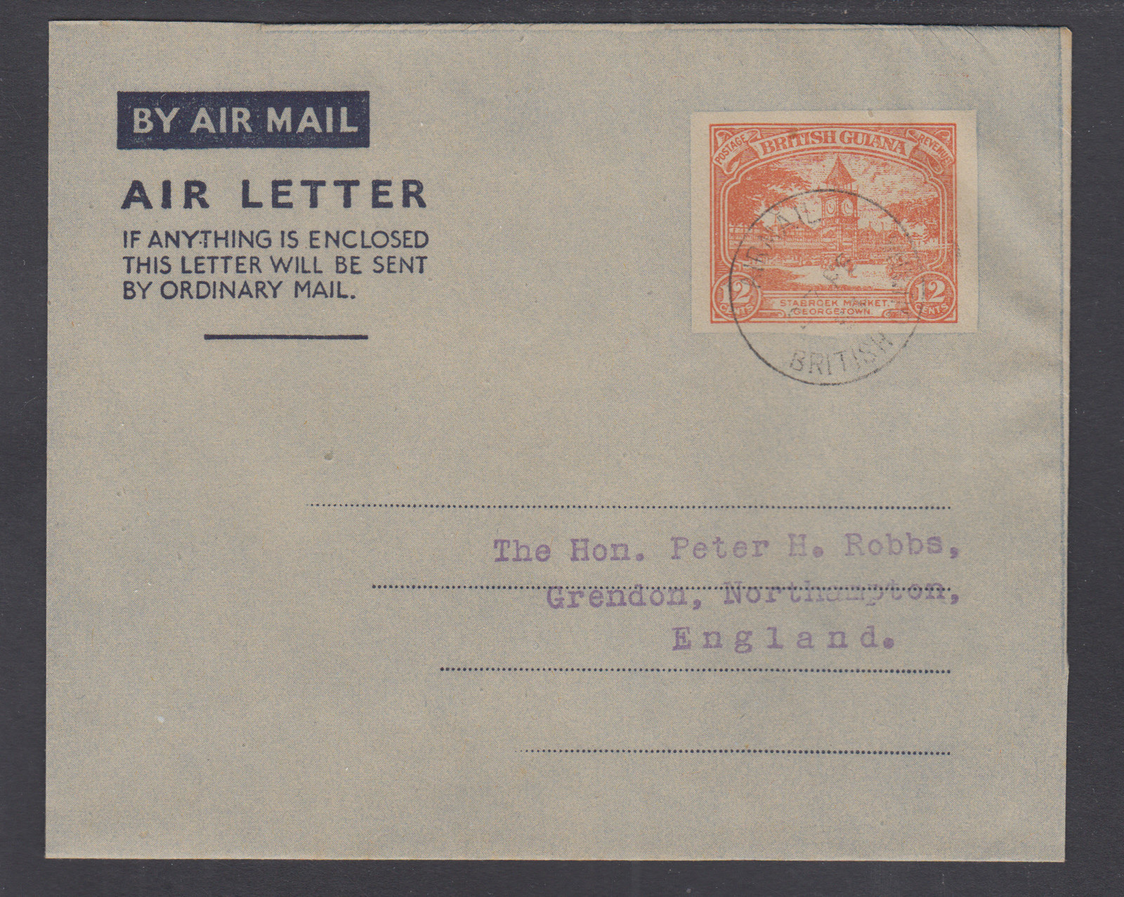 British Guiana H&G FG10 used 1953 12c Aerogramme to England, fresh & VF ...