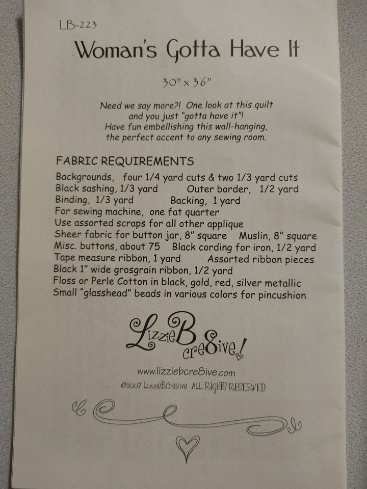 Lizzie B Cre8Tive! Quilt Pattern 223 Woman's Gotta Have It Applique 30 ...