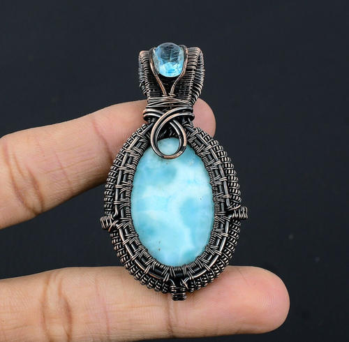 Larimar & Blue Topaz Gemstone Copper Wire Wrap Handmade Pendant Gift ...