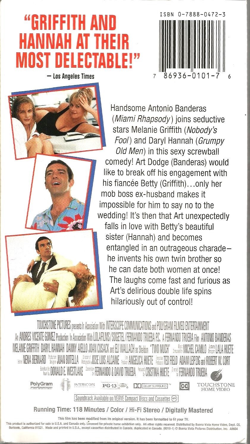 Two Much VHS 1996 Antonio Banderas Melanie Griffith Daryl Hannah ...