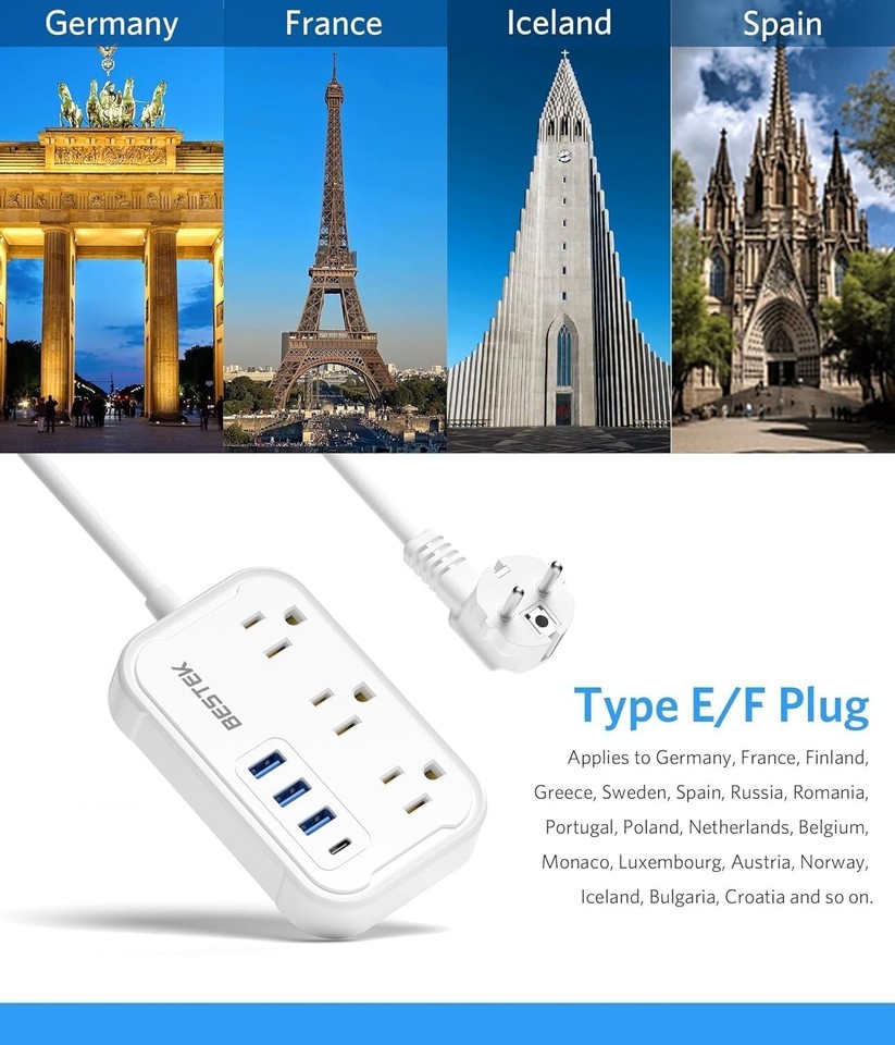 European Travel Plug Adapter US to UK Europe Power Strip for EU/UK/US ...