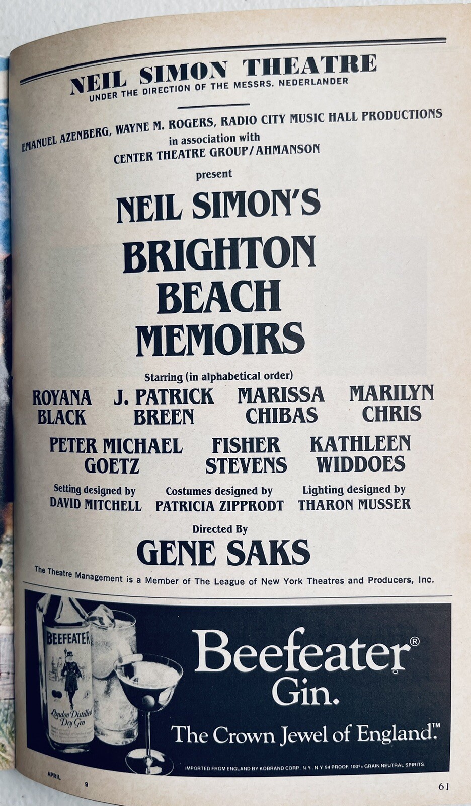 Brighton Beach Memoirs - Broadway Playbill - Apr 1984 - Neil Simon | eBay