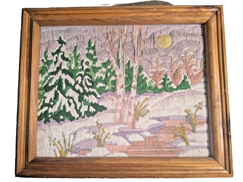 Yarn Art Needlepoint Framed Snow Winter Scene Vintage 16*13 | eBay