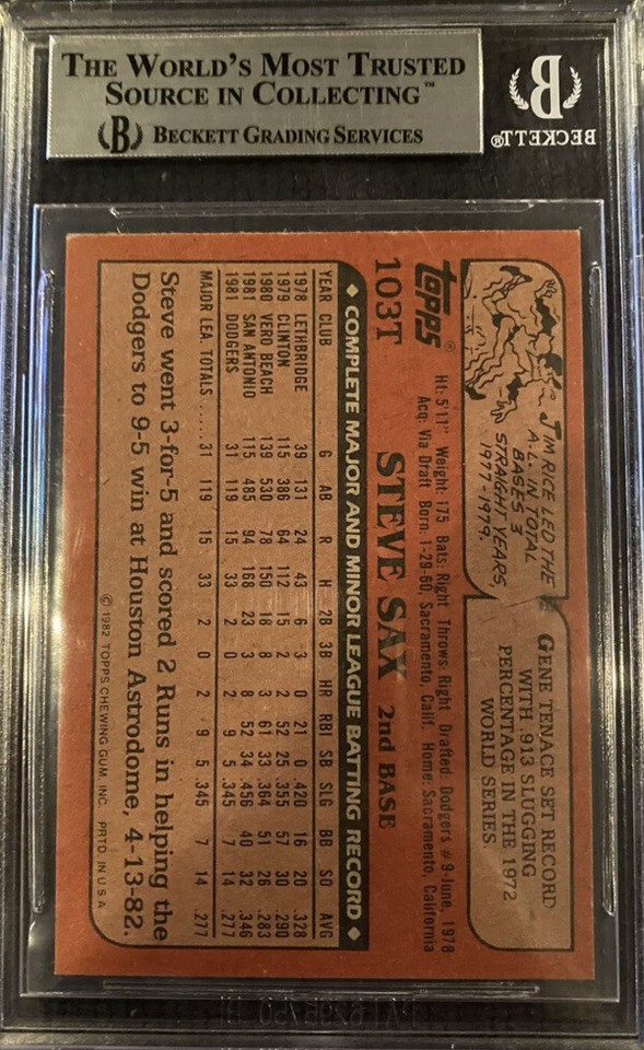 Steve Sax Signed 1982 Topps Traded Rookie Card #103T Dodgers🔥Beckett ...