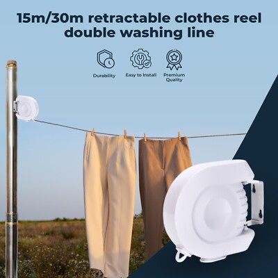 15m/30m retractable clothes reel double washing line wall mounted ...