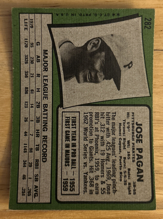 1971 Topps Jose Pagan Card 282 Pirates 3B-SS (Pinch Hit .425 Avg in ...