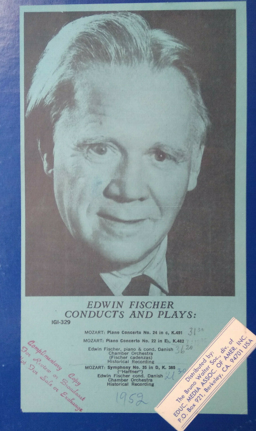 BRUNO WALTER SOCIETY ICI 329 MOZART PNO CTO 22 & 24 & HAFFNER *EDWIN ...