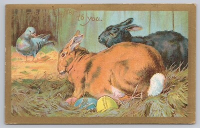 Winch Happy Easter to You Bunny Rabbits Colored Eggs Bird Gold Trim ...