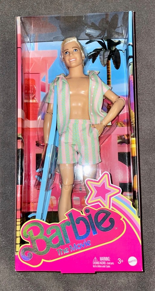 Barbie The Movie Ken Doll Wearing Pastel Striped Beach Surfboard NIB ...