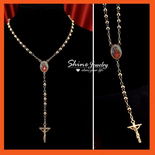 18K ROSE GOLD GF HAIL MARY ROSARY PRAY BEAD MARIA CROSS CHAIN NECKLACE ...