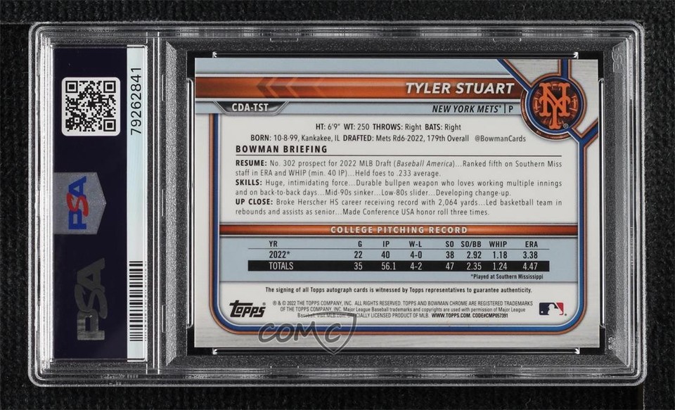 2022 Bowman Draft Chrome Pick Aqua Lava Refractor /199 Tyler Stuart PSA ...
