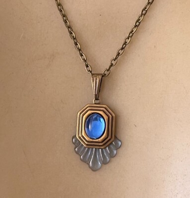 Vintage Necklace Art Deco Delicate Brass Pendant W/ Antique Blue Czech ...