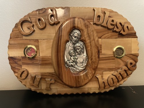 Handcrafted Bless Our Home Olive Wood Plaque W/ Metal Holy Family Red ...