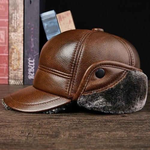 Men Leather Trapper Warm Hat Baseball Cap Outdoor Hunting Aviator ...
