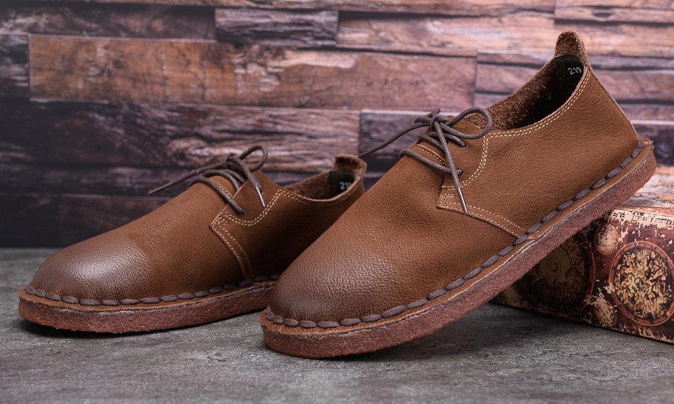 Lace Up Driving Flats Mens Real Leather Round Toe Shoes Casual Soft ...
