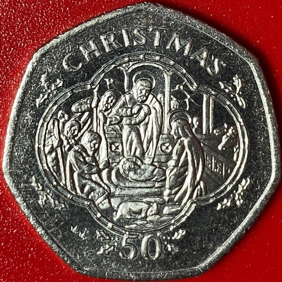 1993-AA ISLE OF MAN 50 PENCE CHRISTMAS BABY JESUS NATIVITY SCENE CU-NI ...