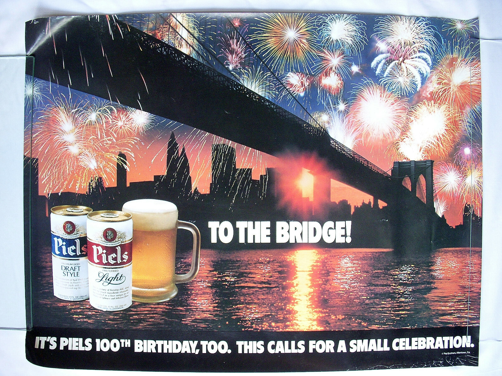 ⭐️ Vintage 1983 PIELS Light Beer POSTER Brooklyn Bridge FIREWORKS Sign ...