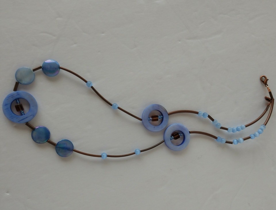 Periwinkle Blue and Brown Necklace , Agate & Shell With Copper Plated ...