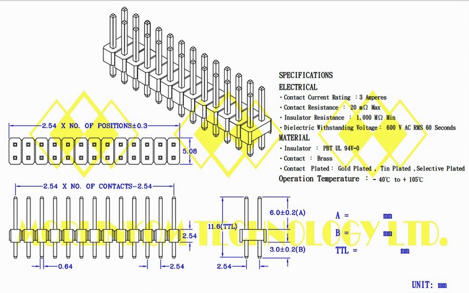 1000pc Male Pin Header Dual Row Pitch= 2.54mm 2x2p 2x2 4P H= 11.6mm ...