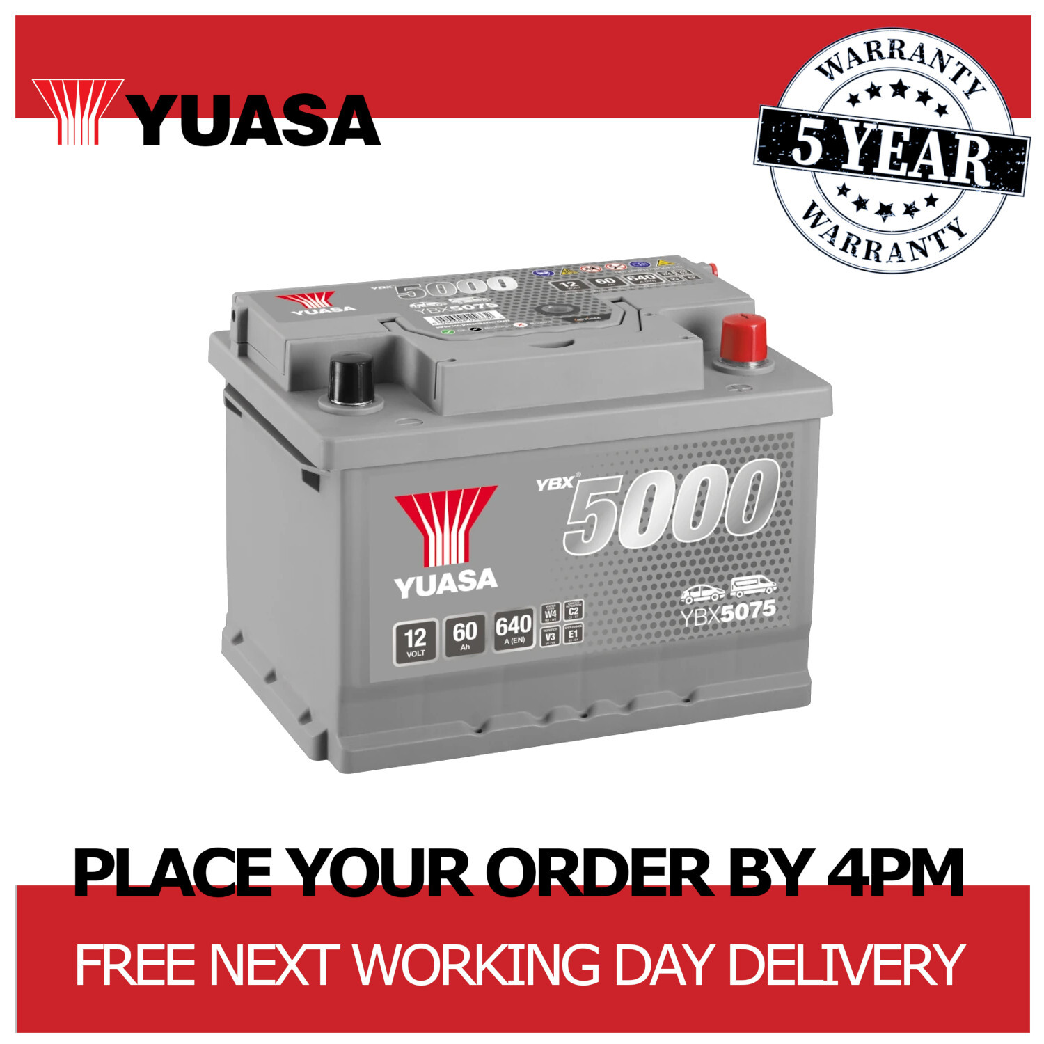 12V Car Battery, Type 075, Yuasa YBX5075, 60Ah 640CCA Sealed Calcium ...