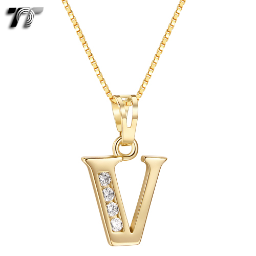 TT 18K Gold GP Letter V Pendant Necklace With Box Chain (NP327V) NEW ...