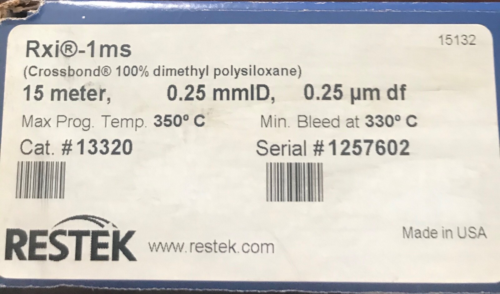 Restek Rxi-5ms GC capillary Column 10m x 0.10 mm 0.10 um cat # 13401 ...