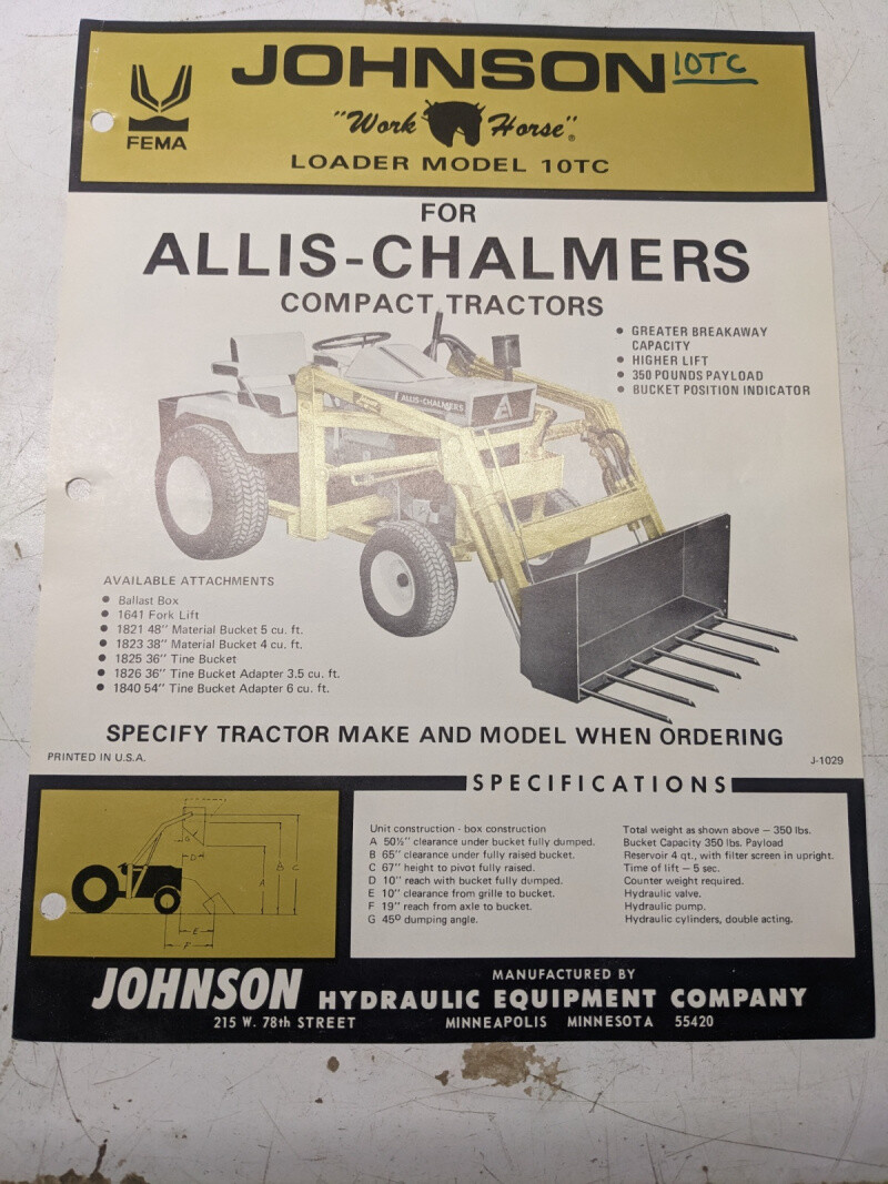 JOHNSON WORK HORSE LOADER MODEL 10TC SPECS ATTACHMENTS BROCHURE ALLIS ...