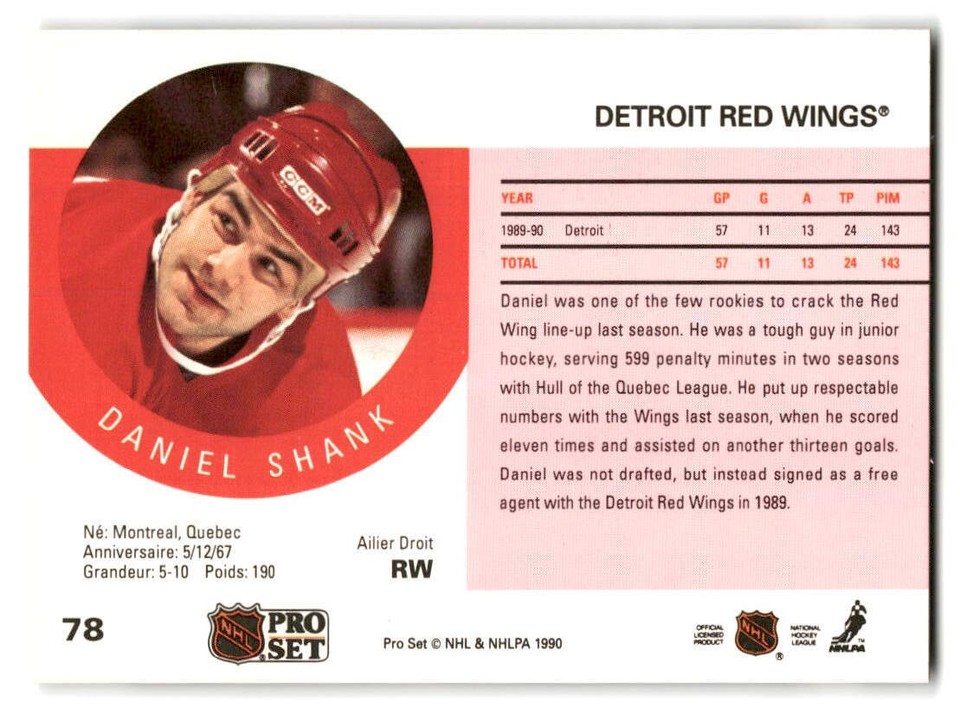 Daniel Shank 1990 Pro Set HOCKEY #78 Detroit Red Wings | eBay