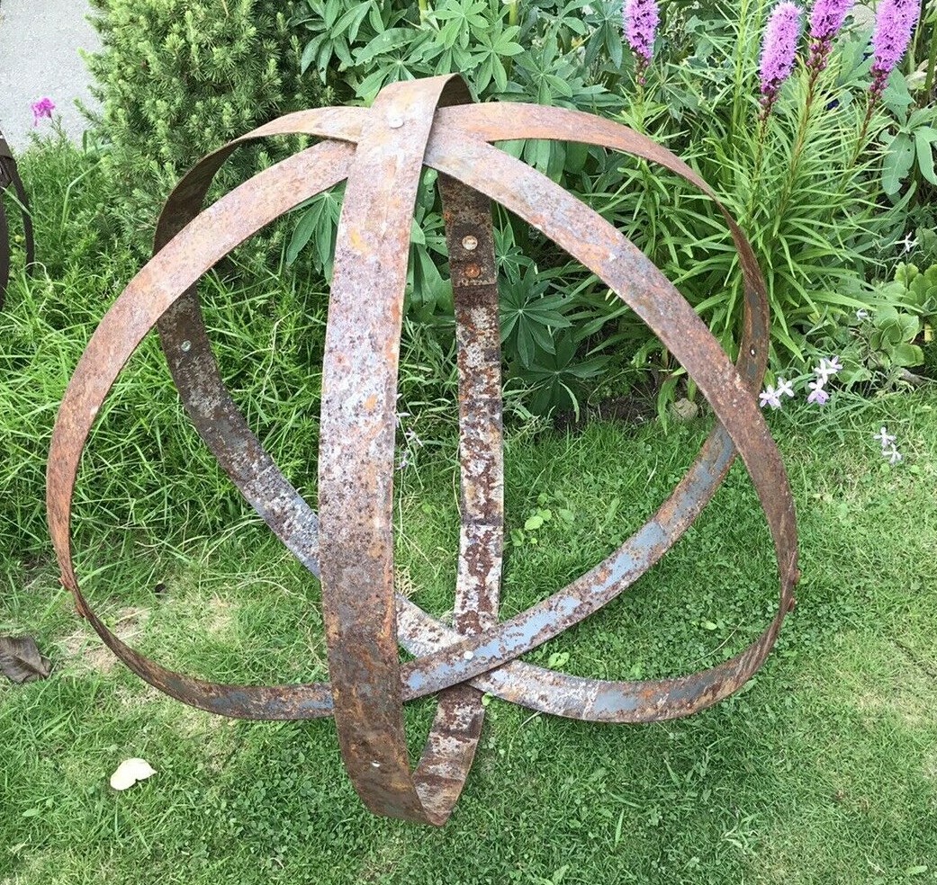 Garden Metal Sphere Sculpture Reclaimed Rusty Whisky Barrel hoop ring ...