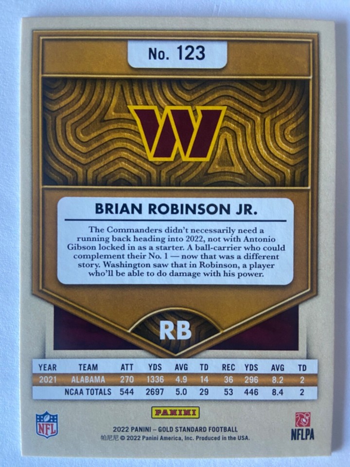 2022 Panini Gold Standard Brian Robinson Jr. Rookie Card SP #90/99 ...