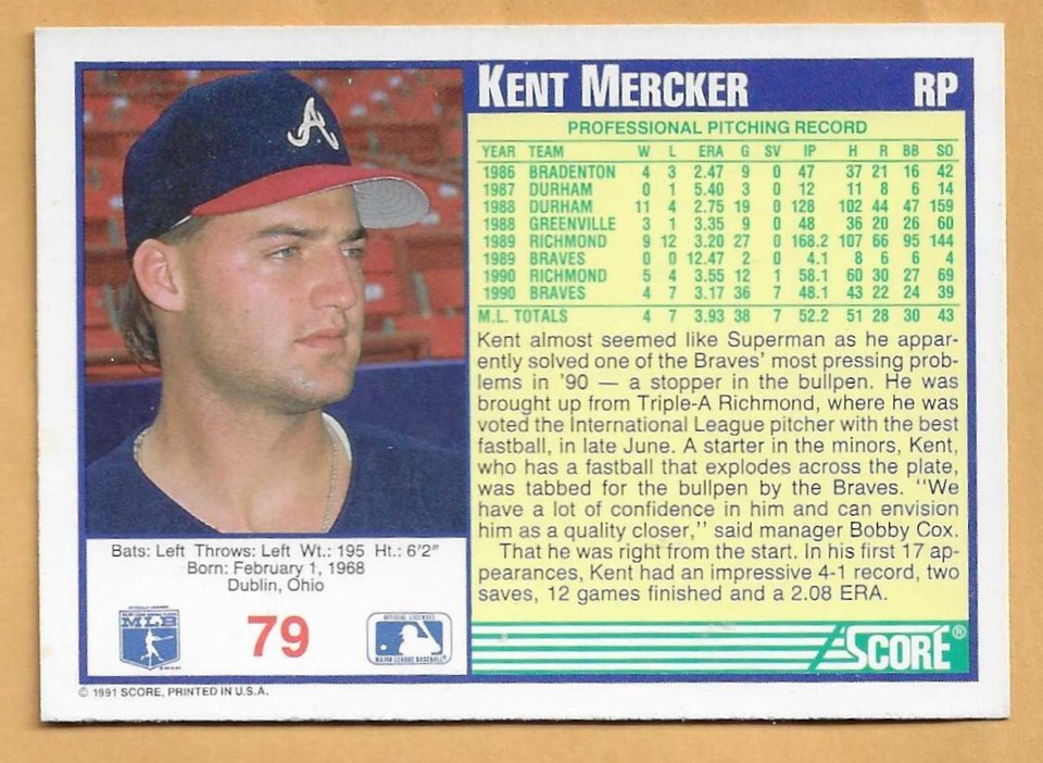 KENT MERCKER ATLANTA BRAVES #79 - SCORE NM-MT 1991 | eBay