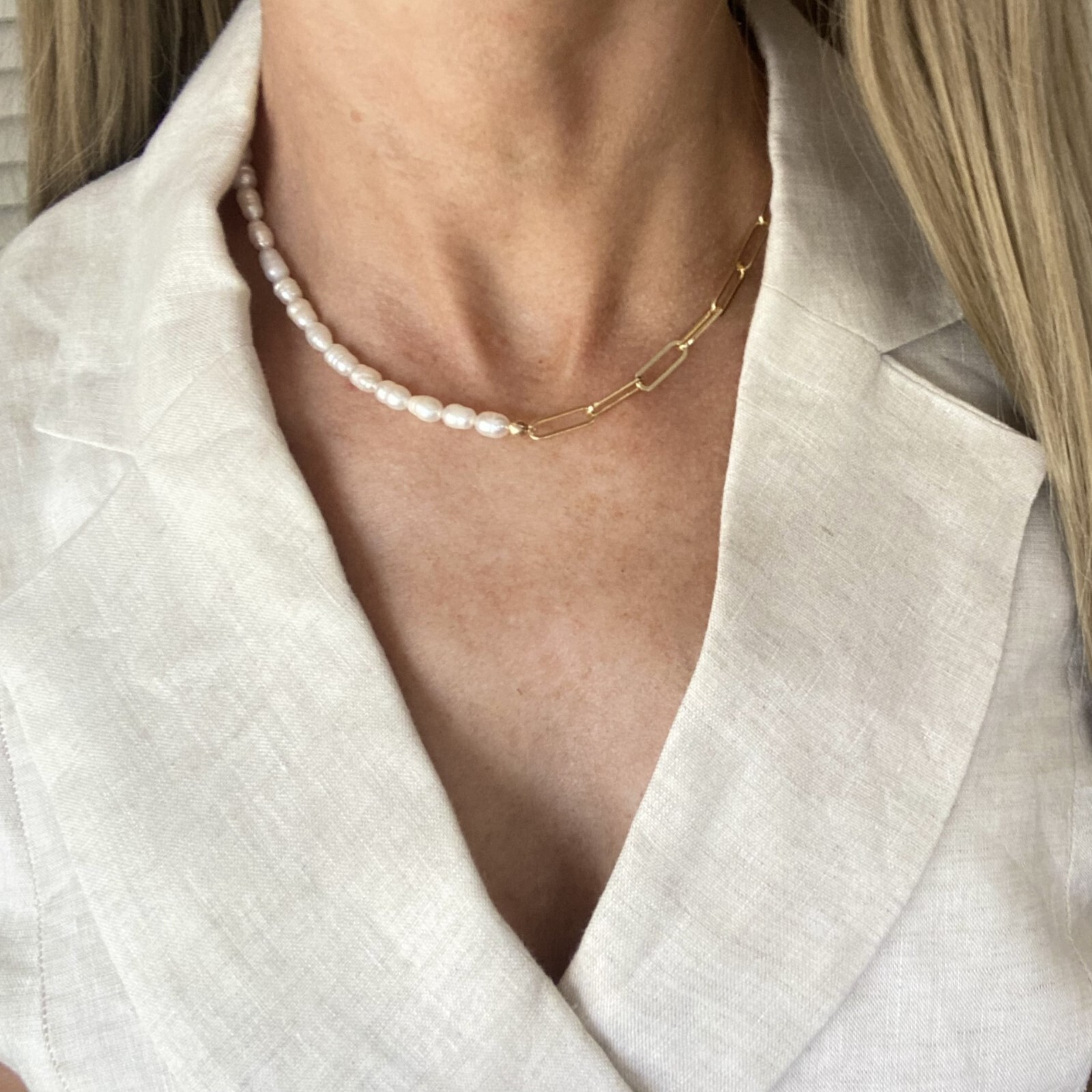 Handmade Natural Freshwater Pearl 18k Gold Paperclip Link Half & Half ...