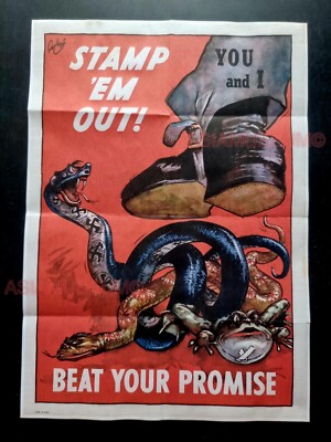 1943 WW2 USA AMERICA STAMP 'EM OUT BEAT PROMISE SNAKE SHOE PROPAGANDA ...