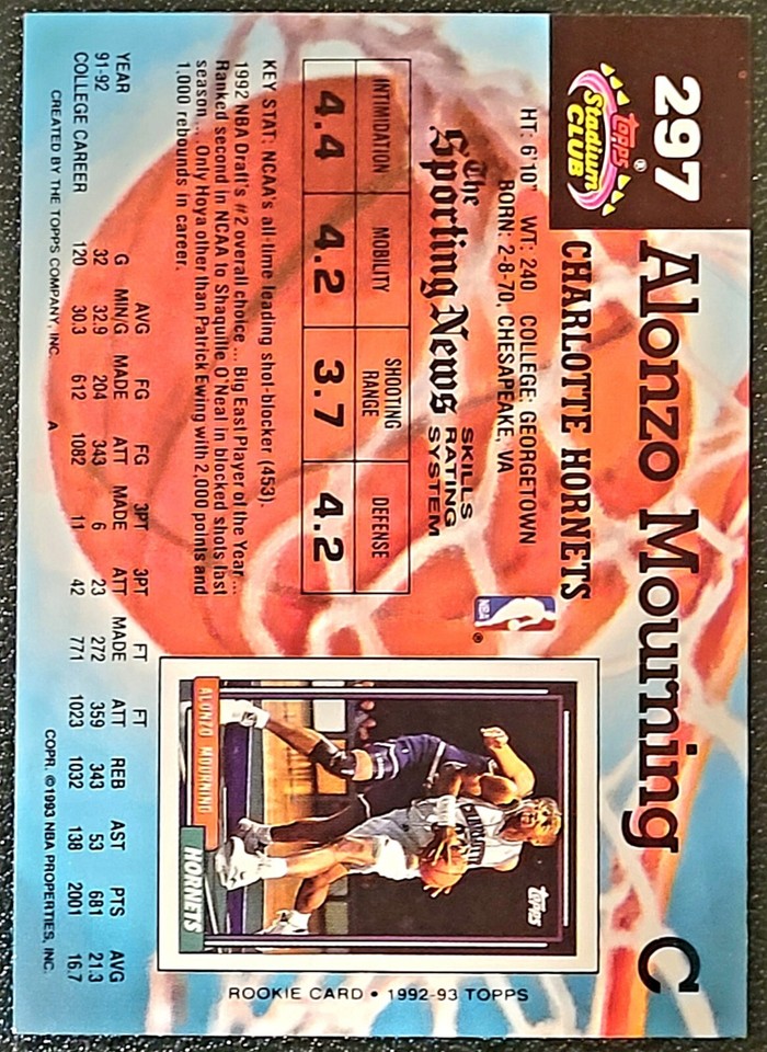 1993 Topps Stadium Club ALONZO MOURNING Rookie RC #297 NBA Hornets NM ...