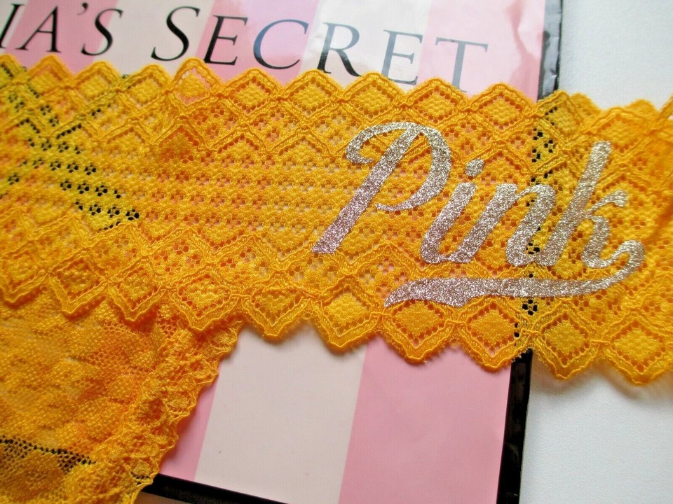 VICTORIA'S SECRET PINK Leopard Lace Thong Panty S M L Yellow Gold Glow ...