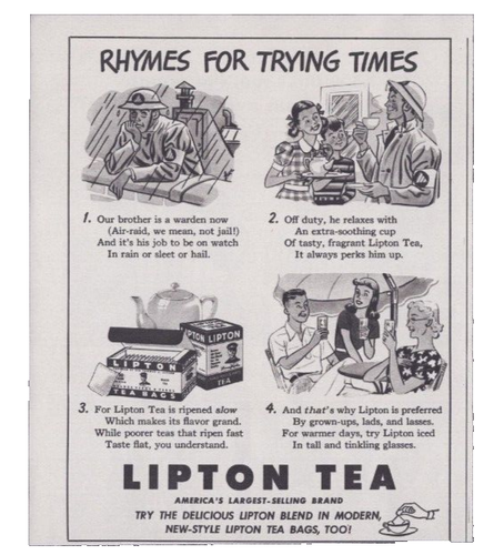 1942 Print Ad Lipton Tea Rhymes for Trying Times Illustration WWII Home ...