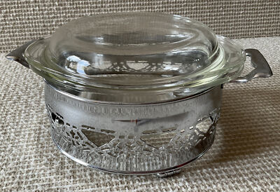 VTG Small Pyrex Clear Glass Oval Baking Dish With Lid & Metal Stand | eBay