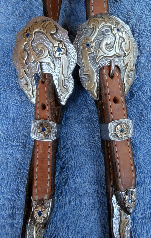 Silver Buckles Double Slide Ear Horse Show Headstall Blue Stones Brass ...