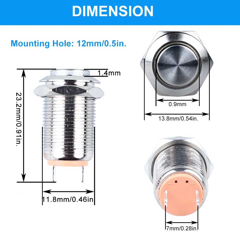 2-Pack 12Mm Latching Metal Waterproof Push Button Switch Raised Head ...