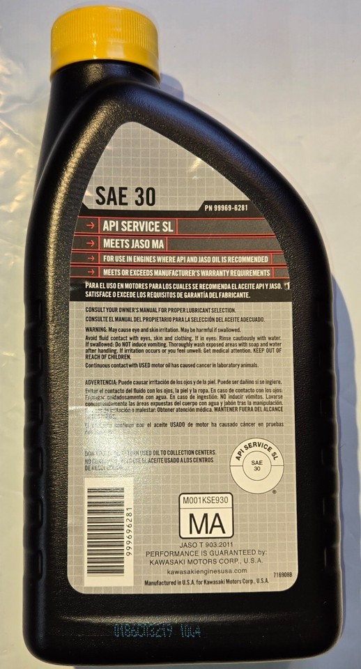 (2) Kawasaki K-Tech SAE 30W Engine Oil with Zinc, Two Quarts SAE30 ...