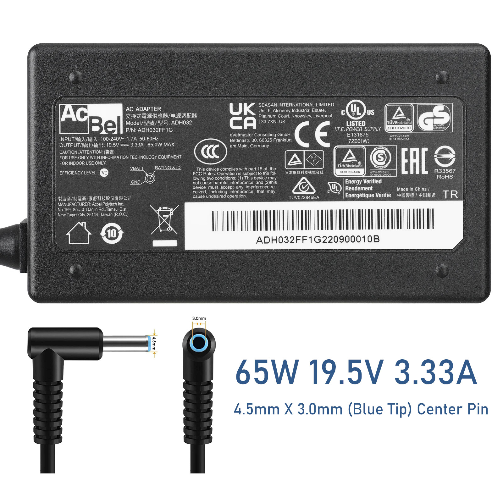 ACBEL 65W AC ADAPTER FOR HP PAVILION 14-CD2053CL 4.5 X 3.0MM BLUE TIP ...
