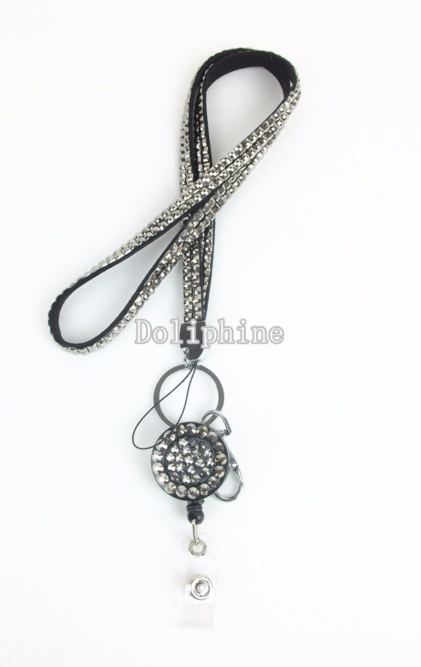 Multi Color Bling Rhinestone Lanyard with Retractable Reel for ID Badge ...