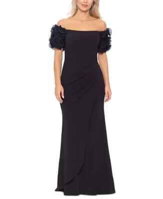 XSCAPE Off-The-Shoulder Ruffled-Sleeve Gown Women's 4 Black Back Zip ...