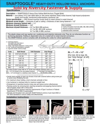 (1000) Toggler Snap Toggle BB 1/4" Heavy Duty Strap Toggle Bolts Anchor ...