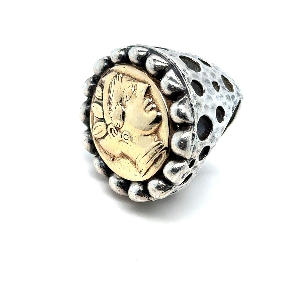 Huge Dian Malouf 925 Silver & 14k Yellow Gold Caesar Round Coin Ring ...
