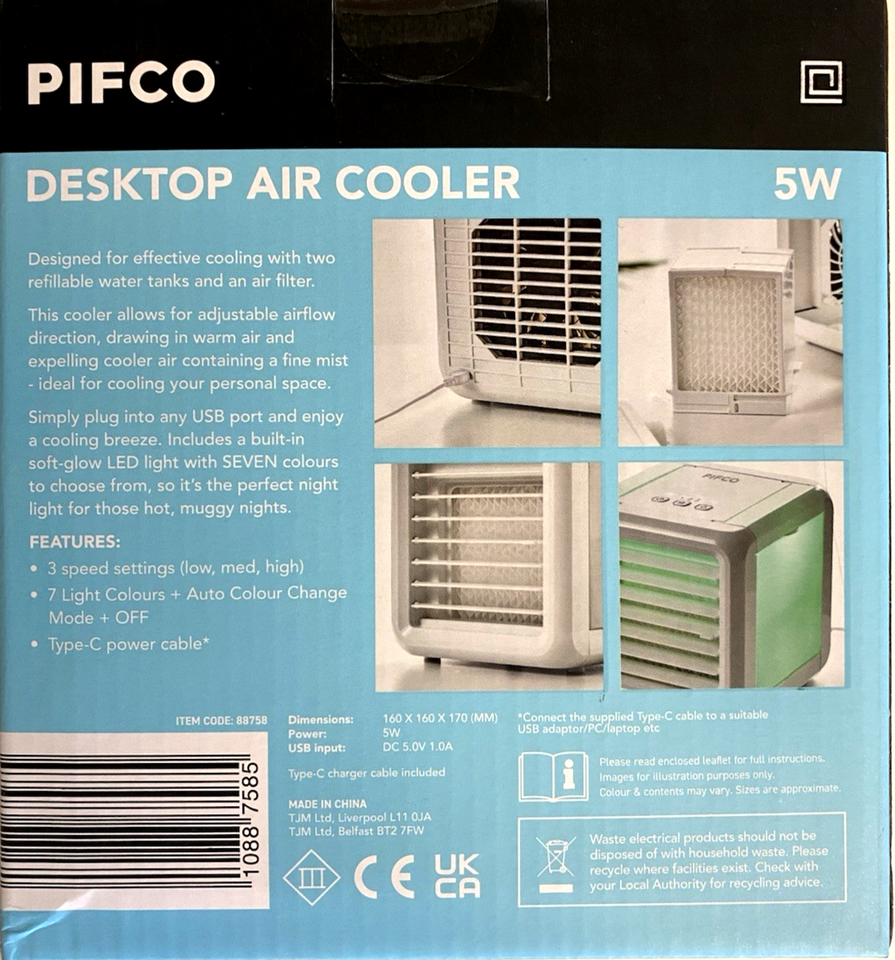 Pifco Quality Fan Table Top Air Cooler Chiller Cube with 7 LED Mood ...