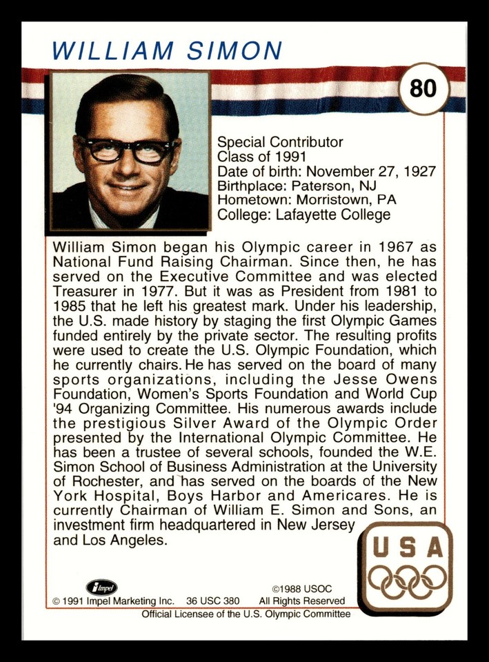 1991 Impel US Olympic Cards Hall of Fame William Simon #80 USA Centered ...