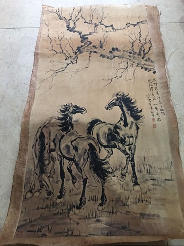 Chinese Old Scroll Xu Beihong - Tree Shade Three Horses Rice Paper ...